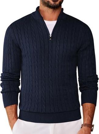 Coofandy Pull pour Homme à Manches Longues en Tricot Fin avec col Montant Motif torsadé Pull dhiver tricoté Bleu Marine XXL