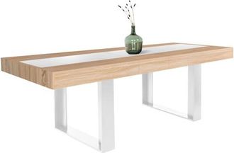 IDMarket Table à Manger Extensible Rectangle Phoenix 4-8 Personnes Bois et Blanc Bande Centrale Blanche 160-200 cm