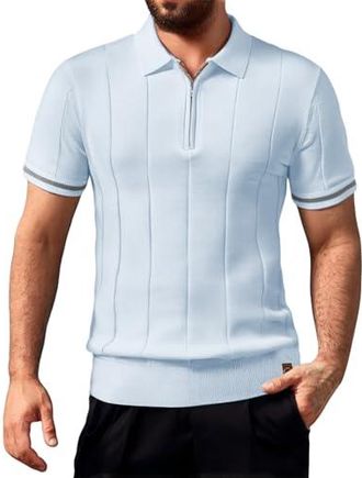 Generic Polo l&eacute;ger et respirant pour homme, coupe classique, d&eacute;contract&eacute;, vintage, boutonn&eacute;, confortable, extensible, t-shirts dext&eacute;rieur, bleu clair, XXL