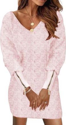 Minetom Robe Pull Femme Col V Dentelle Ample en Maille Long Pullover Tricot Robe De Noël À Manche Longue Robe De Soirée E6 Rose XL