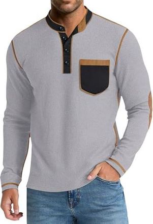 Generic Henley Chemises pour homme avec poche - T-shirt gaufr&eacute; &agrave; col montant - T-shirt &agrave; manches longues - T-shirt de golf d&eacute;contract&eacute; et respirant - Coupe dr