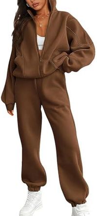 Rismart Femme Ensemble de Surv&ecirc;tement Sweatshirt Fermeture &eacute;clair Int&eacute;grale et Pantalon Jogging avec Poches, Marron, XL