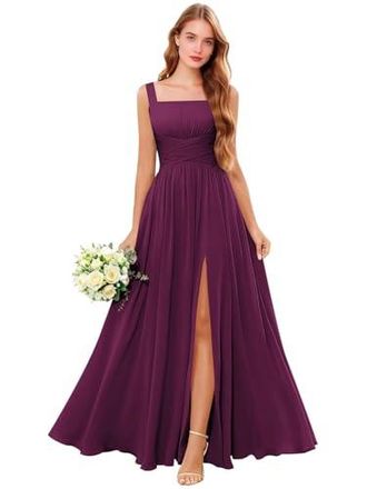 Generic Robe de demoiselle dhonneur en mousseline de soie plissée à col carré avec poches pour femme - Robe de soirée formelle trapèze avec fente, prune, 54 G