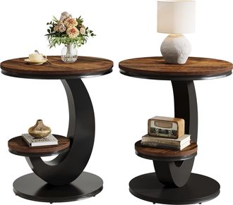 Tribesigns Beistelltisch rund, 2-Tier Schmal Couchtisch, Sofatisch Nachttisch mit Holz-Metall-Bogengestell, Industrie-Design f&uuml;r kleine R&auml;ume, Wohnzimmer, Schlaf