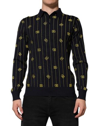 Dolce & Gabbana Mens Black Logo Jacquard Knitted Polo Shirt T-Shirt Virgin Wool