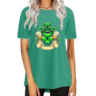 Generic T-shirt pour femme Irlande UK T-shirt pour femme Motif trèfle à manches courtes Col rond Imprimé graphique irlandais Coupe ample Décontracté Cadeau de