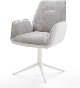 DELIFE Drehstuhl Zoa-Flex Materialmix Echtleder Weiß-Silbergrau Fußkreuz Weiß 360° drehbar Wippfunktion Taschenfederkern, Esszimmerstühle