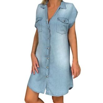 Generic Robe d&eacute;t&eacute; &eacute;l&eacute;gante et d&eacute;contract&eacute;e en jean pour femme pour le quotidien, les vacances et &agrave; porter. Coupe d&eacute;contract&eacute;e, design simple, pour le printemp