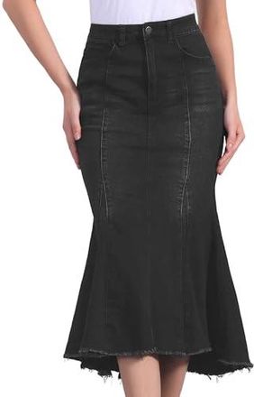 Allegra K Jupe en Jean D&eacute;lav&eacute;e Femme Queue de Poisson Taille Haute D&eacute;contract&eacute;e Jupe Mi-Longue en Denim Vintage Noir M