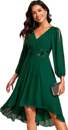 Ever-pretty Abendkleider Damen Elegant Langarm Kurz Vorne Und Hinten aus Chiffon mit Langen Applikationen Dunkelgr&uuml;n 54