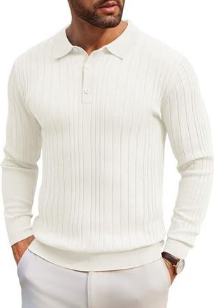 Coofandy Pull Polo Homme Élégant Tricoté Manches Longues à Rayures Verticales Style Business Décontracté Coupe Regular Blanc XL