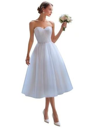 Generic Robe de mari&eacute;e en tulle sans bretelles pour mari&eacute;e simple A Line Sweetheart Homecoming Dresses Corset Robe de cocktail formelle, blanc, 50 Grande tail