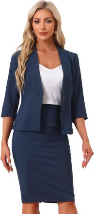 Allegra K Damen Business Rock Anzug Set 2-Teiliges B&uuml;ro Arbeits Outfit Kragenloser Blazer Bleistiftrock Navy blau 3XL