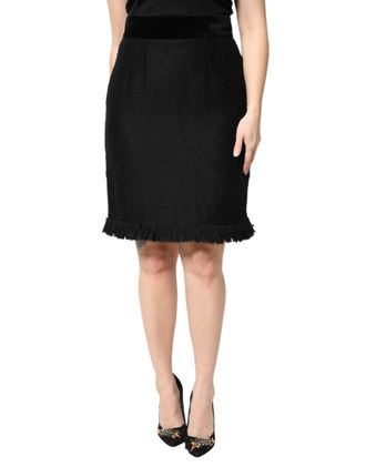 Dolce & Gabbana Womens Black Wool Fringe High Waist Pencil Mini Skirt