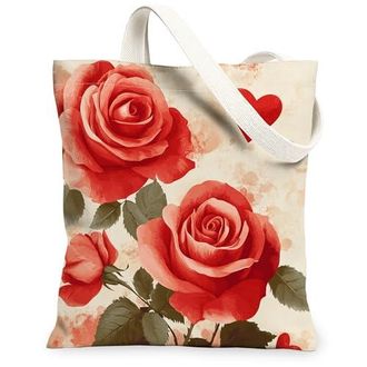 Generic Sac fourre-tout en toile pour la Saint-Valentin - 33 x 38 cm - Motif floral romantique - R&eacute;utilisable - Pour femme - D&eacute;coration de vacances - Esth&eacute;tiq