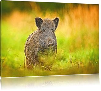 Pixxprint kleines einzelnes Wildschwein am Waldboden, Gr&ouml;&szlig;e: 80x60cm, Leinwandbild, fertig gespannt, Wandbild, Dekoration, Kunstdruck, kein Poster
