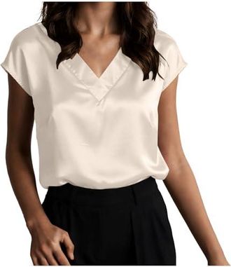 Generic Blouse Satin avec Brillance Femme Chic Et &eacute;l&eacute;gant Soir&eacute;e Chemise Manches Courtes Col en Rond Chemisier Grande Taille Printemps Fashion Casual C&eacute;r&eacute;moni