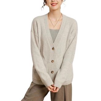 Generic Cardigan &agrave; col en V pour femme 100 % cachemire pull ample en tricot r&eacute;tro poches v&ecirc;tements dext&eacute;rieur, Gris/blanc., Taille Unique