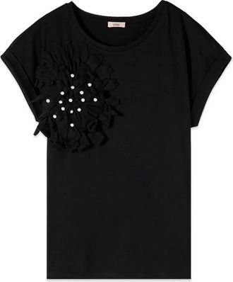 Oltre Femme, Tops, Noir, Taille: 42 FR T-shirt avec application et perles