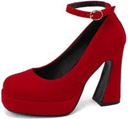 Generic Talons compensés en Daim pour Femmes avec Boucle de Sangle de Cheville Chaussures habillées Rondes à Talon Bloc à Bout fermé pour soirée de fête Maria