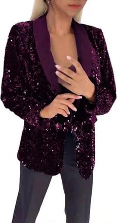 Generic Blazer pour Femme - Blazer &Agrave; Sequins pour Femme Veste De Soir&eacute;e Scintillante Coupe Ajust&eacute;e Manches Longues Un Bouton Cardigan V&ecirc;tement DExt&eacute;rieur &Eacute;l&eacute;g