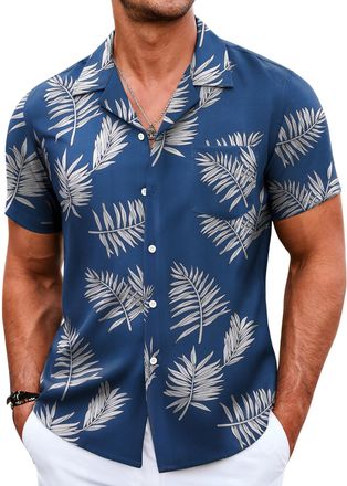 Coofandy Herren Hemd Kurzarm Hawaii Hemd Sommer Kurzarmhemd M&auml;nner B&uuml;gelfrei Hawaiihemd Party Hemd Strandhemd mit Brusttasche Blau Palmblatt 3XL