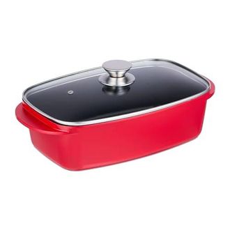 Relaxdays Plat à gratin avec Couvercle en Verre, cocotte 5 L, antiadhésif, pour plaques électriques & au gaz, Rouge