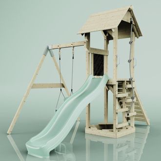 REBO Spielturm mit Wellenrutsche und Kinder-Schaukel, Outdoor Kletterger&uuml;st Garten,Mintgr&uuml;n