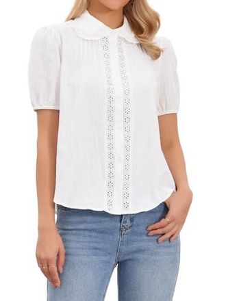 Allegra K Chemisier en Coton &agrave; Manches Courtes pour Femme Col Claudine Boutonn&eacute; Empi&egrave;cement en Crochet Blanc L