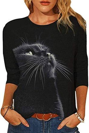 Onsoyours Femmes Tops Chat Silhouette Imprimer Casual Sweatshirts &Agrave; Manches Longues Pull Col Rond Pull Blouse Mignon Kitty Chaton Puss Motif T Shirts (L, H Chat