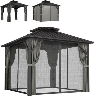 OUTSUNNY Tonnelle de jardin - Outsunny - toit rigide - rideaux et moustiquaire - aluminium et acier - 3x3m - gris fonc&eacute;