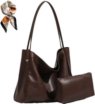 Generic PU Trendy Capacity Retro Tote Bag,Simple Casual Work Commuting Tote Bag,Casual Slouchy Daily Shoulder Bag for Women (Coffee)