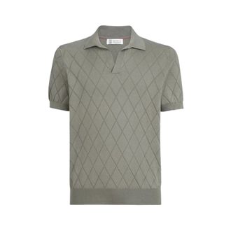 Brunello Cucinelli Polo en maille l&eacute;g&egrave;re textur&eacute;e &agrave; motif losanges en coton - Homme - Tops - Vert - Taille: XL