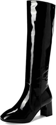 Generic Bottines Femme Genou Cuir Vernis Talon Bloc Finition Brillante Chaussures D&eacute;claration de Mode pour Tenue de F&ecirc;te Streetwear et Styles Automne Hiver,No