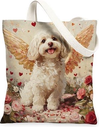 Generic Cavachon Sac fourre-tout en toile pour le shopping Motif chien 33 x 38 cm Sac d&eacute;picerie r&eacute;utilisable pour la Saint-Valentin Motif ailes vintage pour f