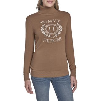 Tommy Hilfiger Lang&auml;rmeliger Rollkragenpullover f&uuml;r Damen, Baumwolle, leicht, Brown Sugar Multi-Logo, X-Klein