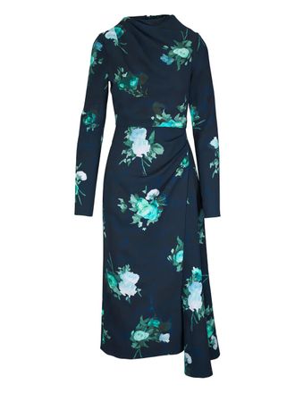 Erdem robe mi-longue drap&eacute;e &agrave; fleurs - Bleu