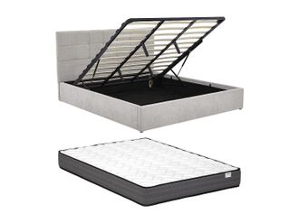 Pascal Morabito Bettkasten 180 x 200 cm - Stoff - Grau + Matratze - HOPEYA