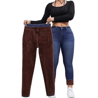 Generic Canbebig Jean doublé en polaire pour femme Taille haute Coupe ajustée Coupe ajustée Stretch Sherpa doublé Pantalon en jean chaud, noir foncé, XXL