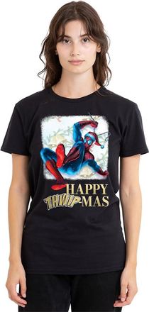 MARVEL Damen Spiderman Happy Thwipmas Christmas Window Damen-T-Shirt, Schwarz, Schwarz, S