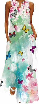 Ocean Plus Damen Ärmelloser Langer Rock V-Ausschnitt Bedrucktes Blumenkleid Ärmelloses Maxikleid mit V-Ausschnitt (3XL, Kirschblüten und Schmetterlinge)
