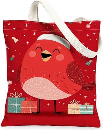 Generic Sacs fourre-tout en toile motif oiseaux de No&euml;l, sacs &agrave; provisions r&eacute;utilisables, festifs l&eacute;gers et lavables avec bandouli&egrave;re Ca, Rouge, 13x15 Inch