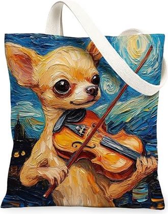 Generic Sac fourre-tout en toile pour chien chihuahua 33 x 38 cm, motif violon &eacute;toil&eacute;, sac d&eacute;picerie r&eacute;utilisable pour femme, animal domestique, chiot, peintu