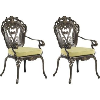 Beliani Beliani - Lot 2 Chaises de Jardin en Aluminium Marron Dor&eacute; Vieilli avec Coussins Verts Design Vintage R&eacute;tro Id&eacute;ales pour Ext&eacute;rieurs Classiques