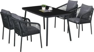 OUTSUNNY Salon de jardin 4 places 5 pièces table à manger chaises empilables coussins alu résine noir gris