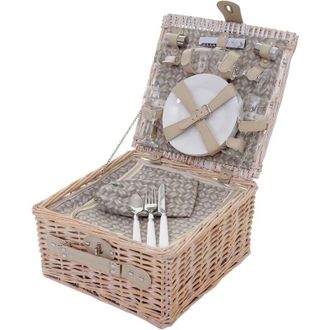 Hhg Neuwertig] Picknicktasche f&uuml;r 4 Personen, Picknickkorb-Set + K&uuml;hlfach, Porzellan Glas Edelstahl, beige