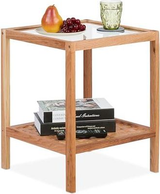 Relaxdays Beistelltisch, Wohnzimmertisch mit Glasablage, HBT 50x40x40 cm, Ablagetisch aus Walnussholz, Nachttisch, Natur