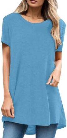 Generic T-shirt femme grande taille col rond manches courtes T-shirt long chemisier, bleu, XXL