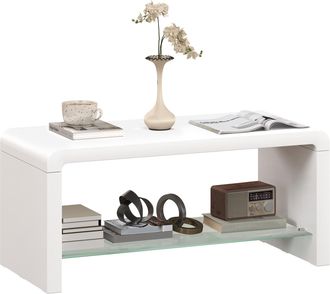 HOMCOM Hochglanz Couchtisch mit Ablage, Zweist&ouml;ckiger Wohnzimmertisch mit Glasablage, Moderner Mitteltisch f&uuml;r Home Office, 100 x 45 x 45cm, Hochglanz Wei&szlig;