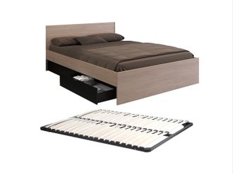 Vente-Unique Bett mit 4 Schubladen + Lattenrost - 140 x 190 cm - Naturfarben & Schwarz - VELONA